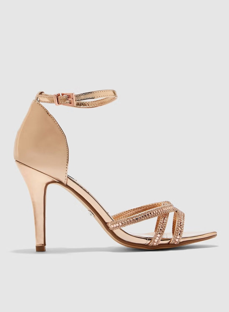 Sandale cu toc si strasuri - PAMELA - Rose Gold – BWEAR.RO
