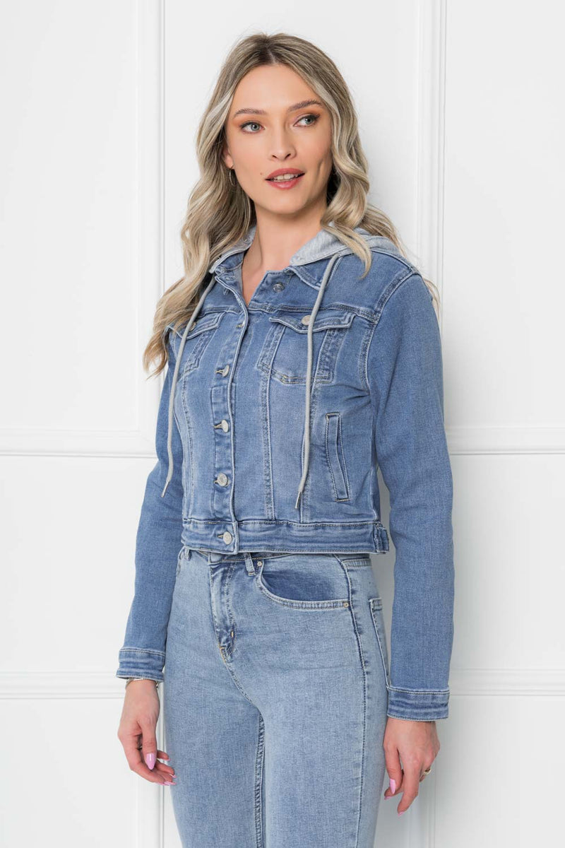 Geaca scurta de blugi cu gluga - FLORINDA - Jeans Deschis – BWEAR.RO