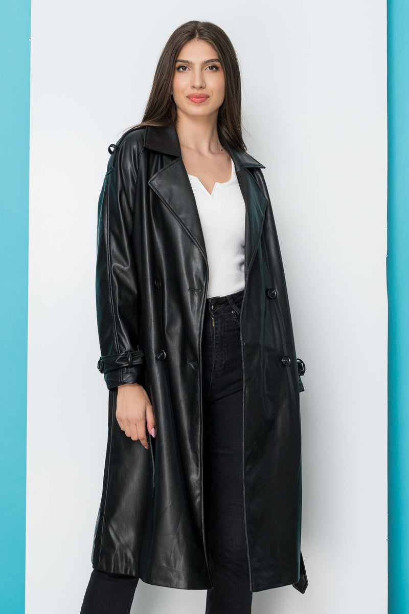 Trenci lung din imitatie piele - ARLEEN - Negru – BWEAR.RO