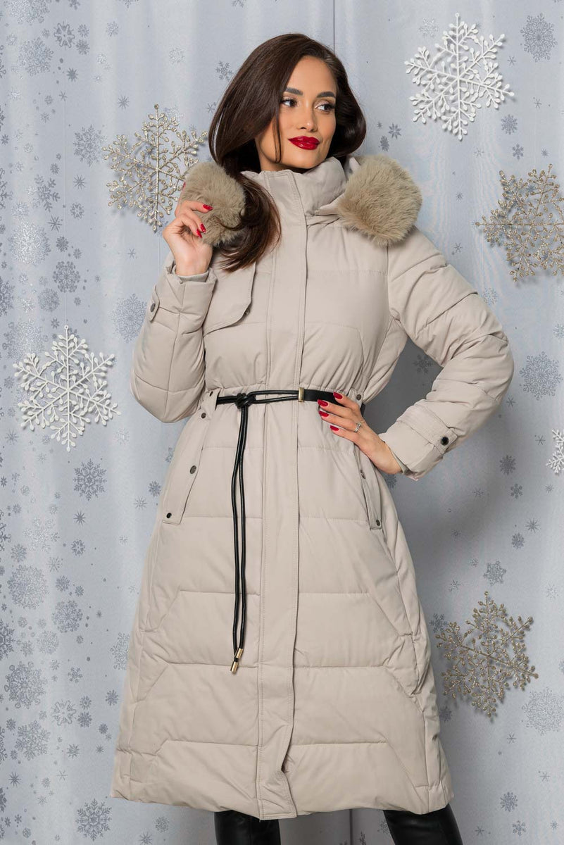 Geaca lunga cu curea piele - KAYLIE - Crem – BWEAR.RO
