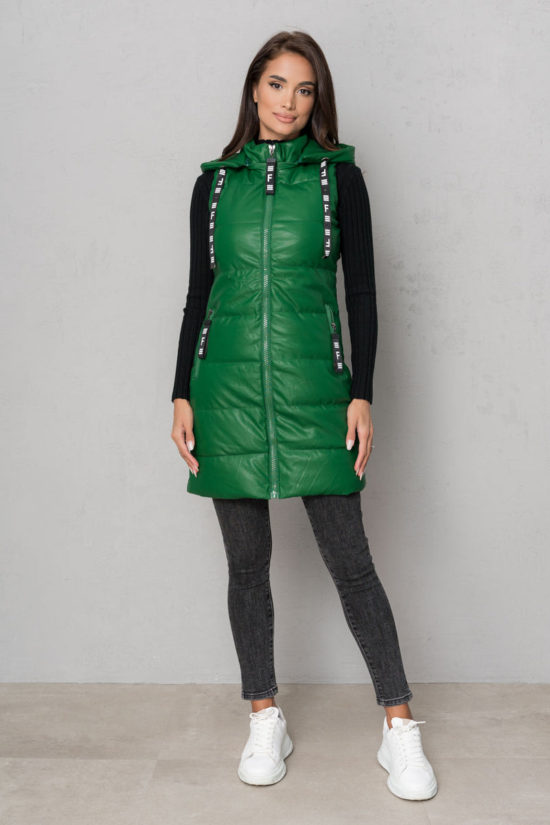 Vesta lunga din imitatie piele - DALIS - Verde – BWEAR.RO
