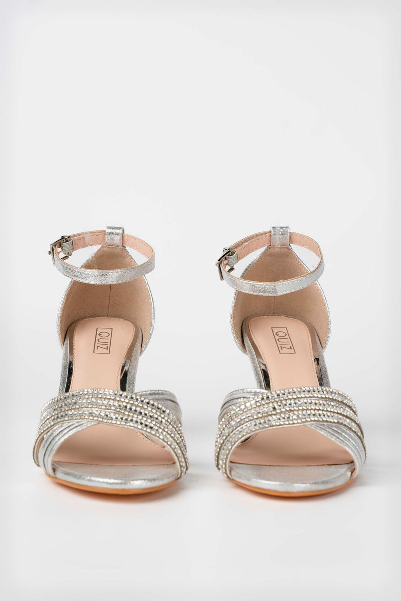 Sandale cu toc mic si strasuri - JUDY - Argintii – BWEAR.RO