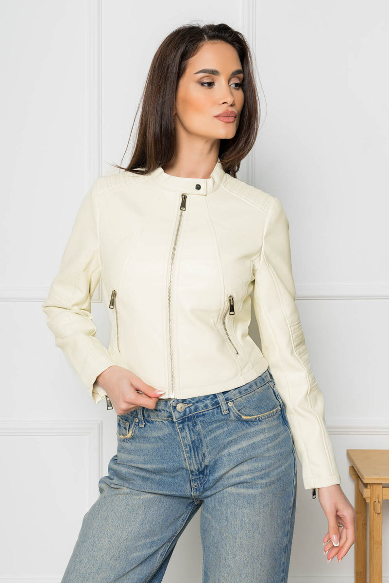 Geaca scurta Imitatie Piele - HERA - Alb Unturiu – BWEAR.RO