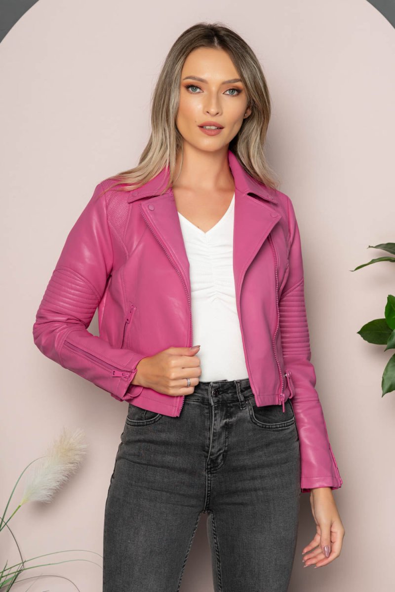 Geaca scurta Imitatie Piele - LIRIA - Fucsia – BWEAR.RO